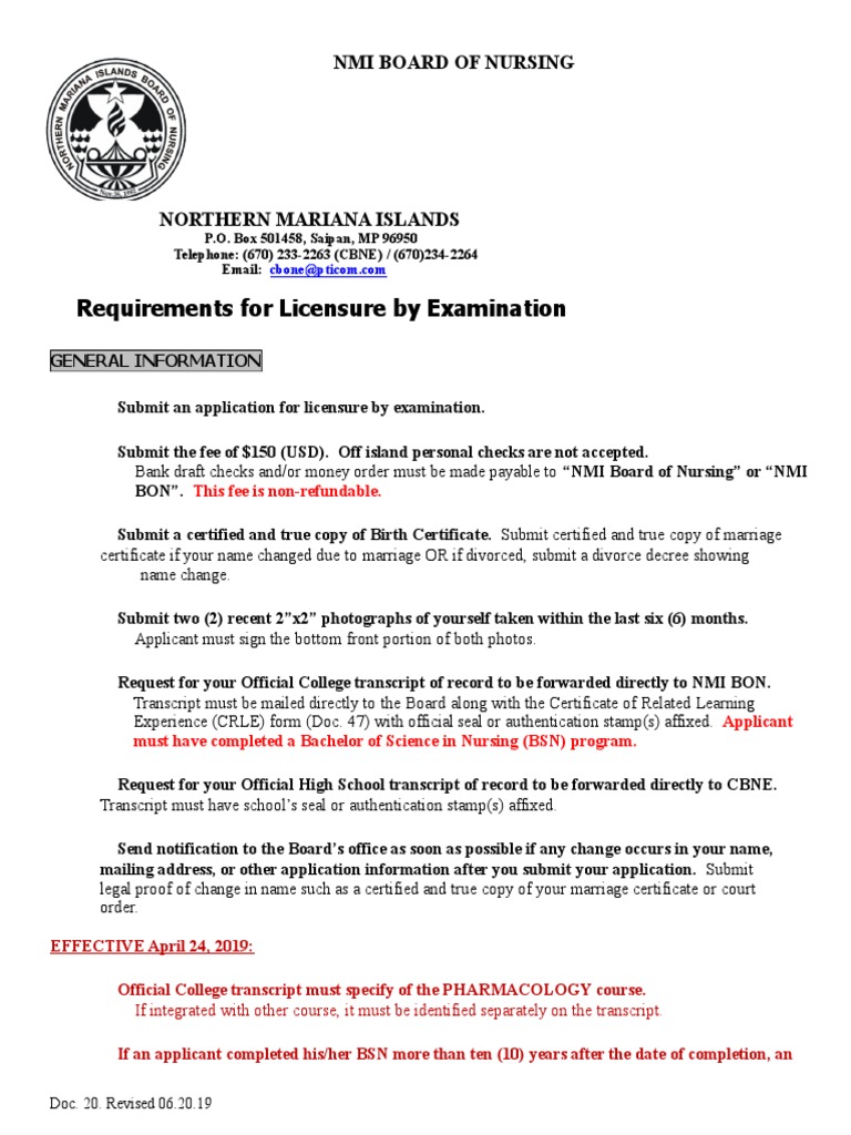 20 and 21. Requirements For Licensure by Examination Nclex. Revised 06. ...