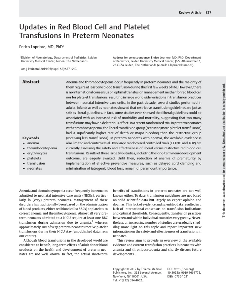 Updates in Red Blood Cell and Platelet Transfusions in Preterm Neonates ...