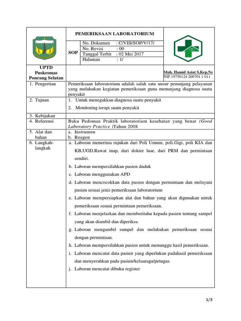 Sop Pemeriksaan Lab | PDF