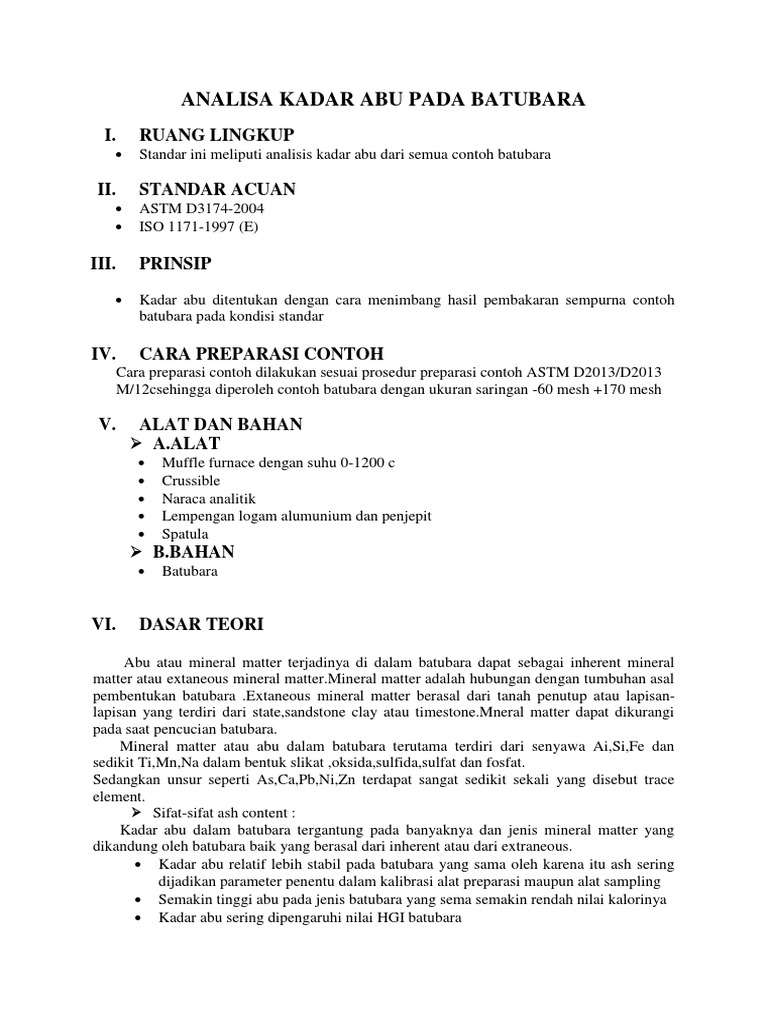 Analisa Kadar Abu Pada Batubara | PDF
