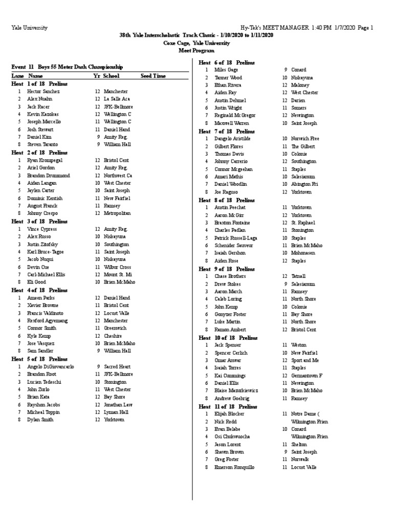 Yale Track Classic 55m, 55h, 3000m Heat Sheets | PDF