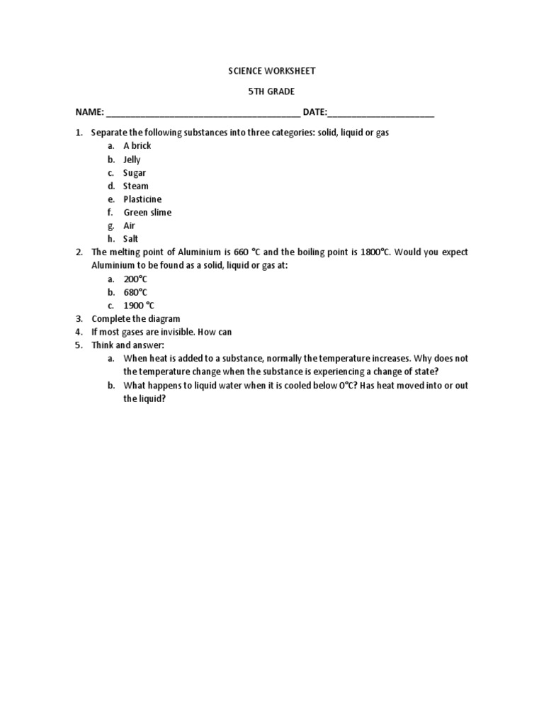 SCIENCE WORKSHEET States of Matter | PDF