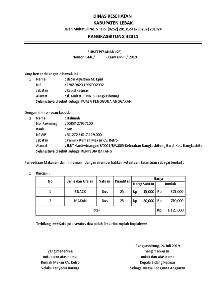 Surat Pesanan Makan Minum | PDF