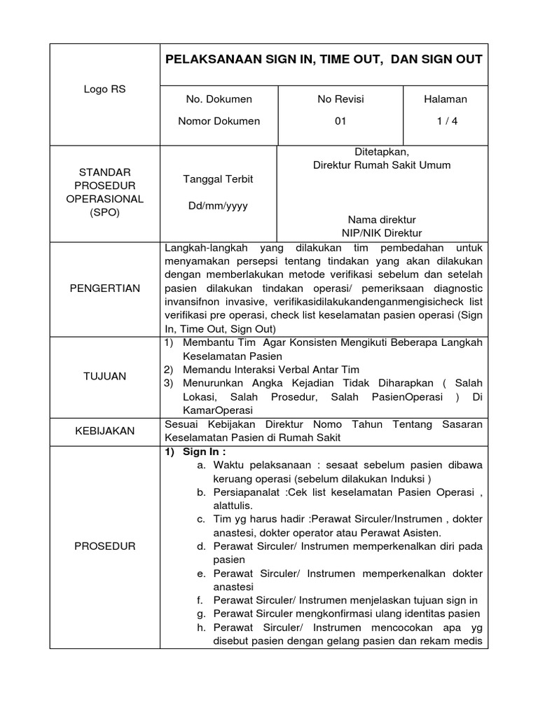 SPO Pelaksanaan Sign In, Time Out Dan Sign Out | PDF