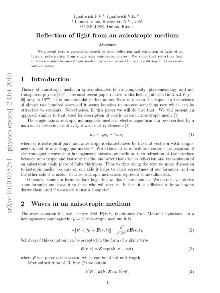 Reflection of Light From An Anisotropic Medium | PDF | Reflection ...