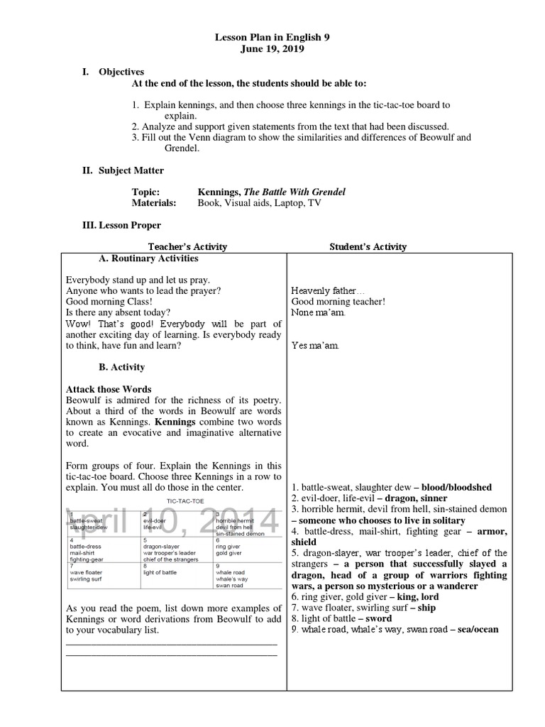 English 9 Detailed Lesson Plan | PDF | Beowulf