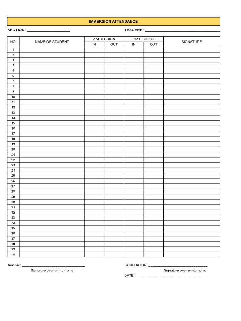 Immersion Attendance Sheet | PDF