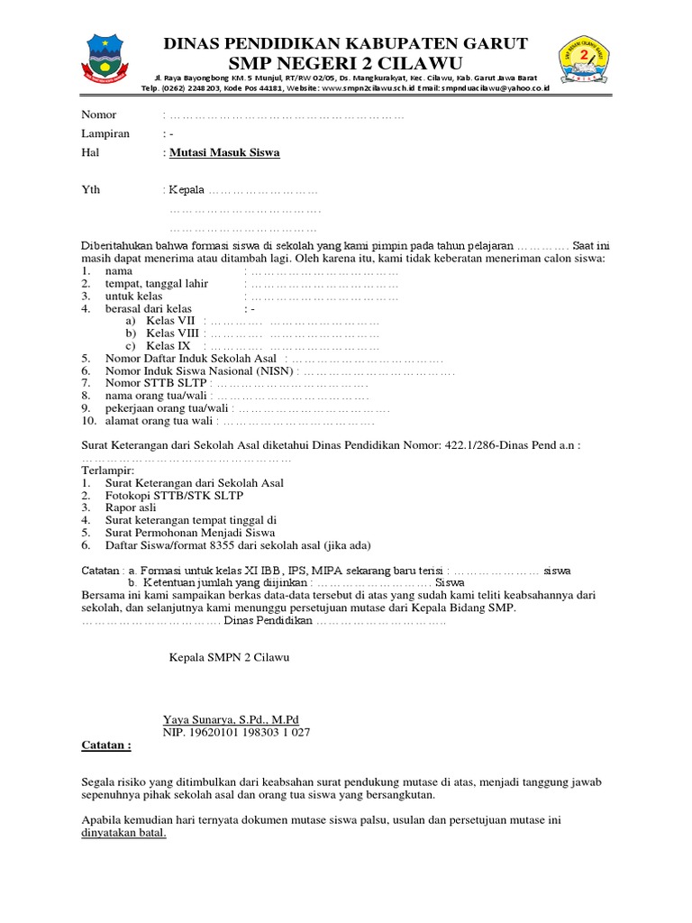 Format Surat Mutasi Masuk Siswa | PDF