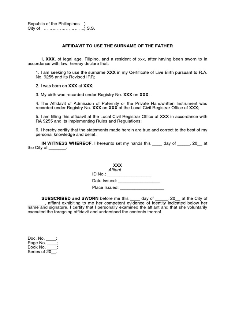 Affidavit To Use The Surname of The Father | PDF