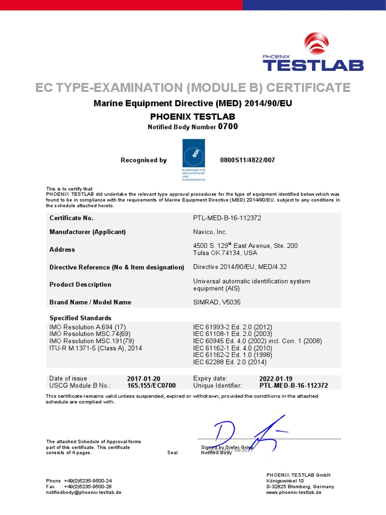 Phoenix Testlab EC Type-Examination Certificate for the Navico SIMRAD ...
