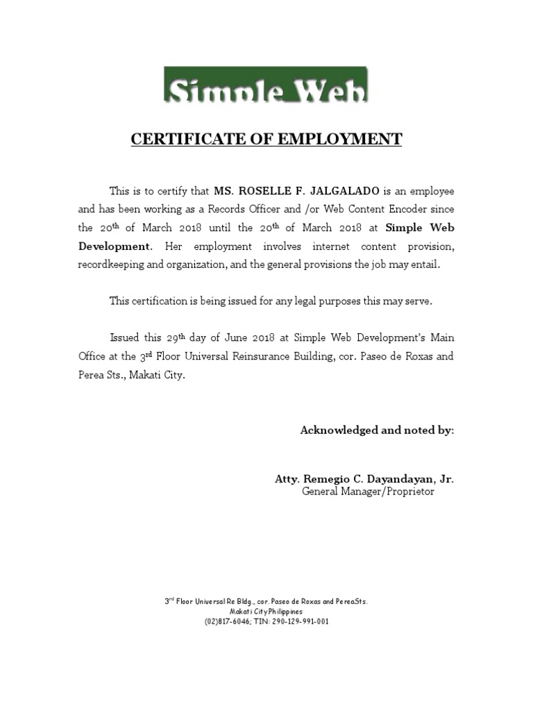 Certificate of Employment Sample | PDF