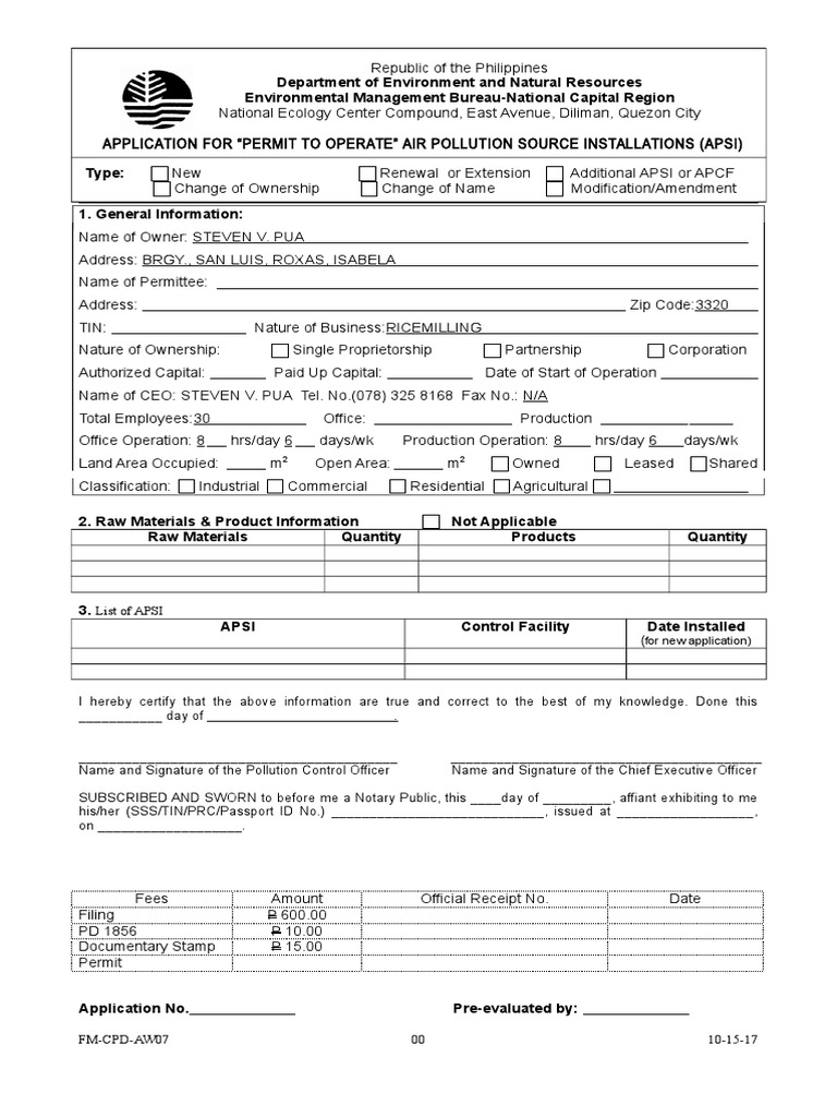 Application Form Permit To Operate New | PDF | Pollution | Air Pollution