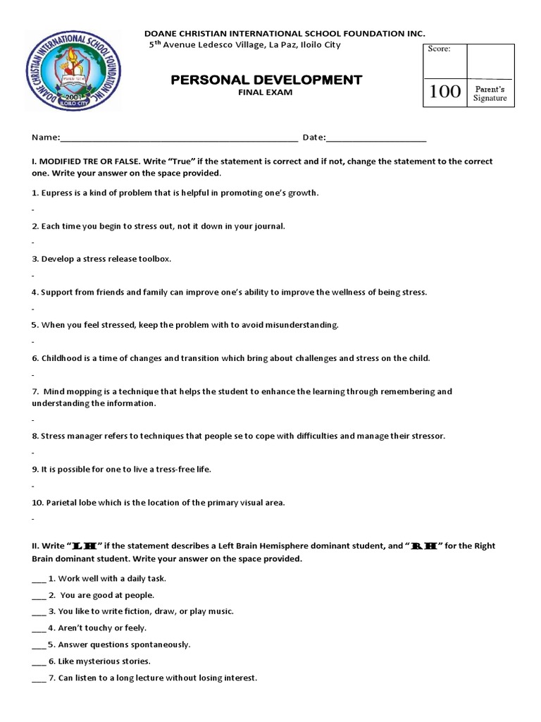 Personal Development (Final-Exam) | PDF | Stress (Biology) | Applied ...