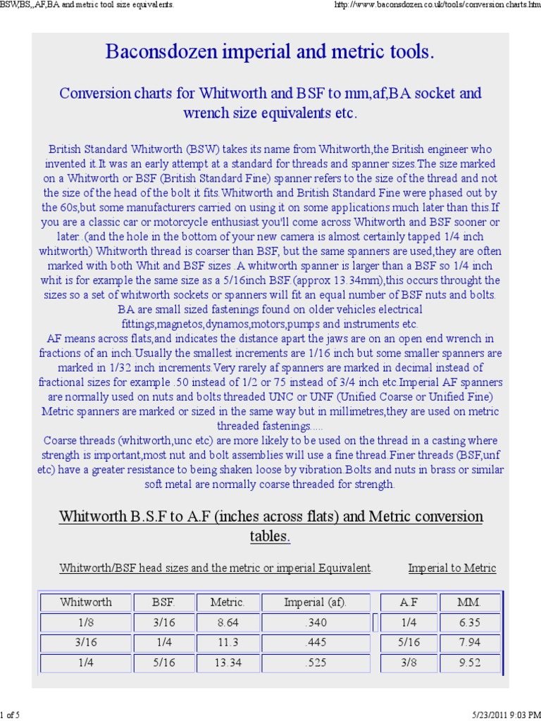 BSW BS AF BA and Metric Tool Size Equivalents PDF | PDF | Land Vehicles ...