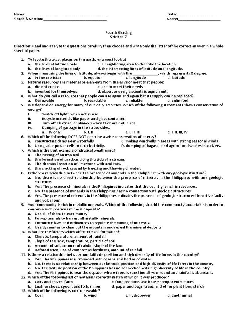 Grade 7 Science Exam Questions | PDF | Atmosphere Of Earth | Monsoon