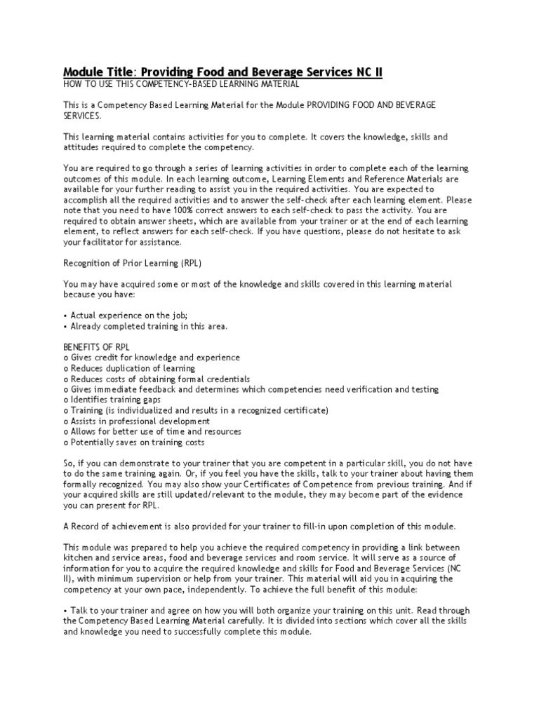 Food and Beverage Service Training Module | PDF | Tableware | Menu