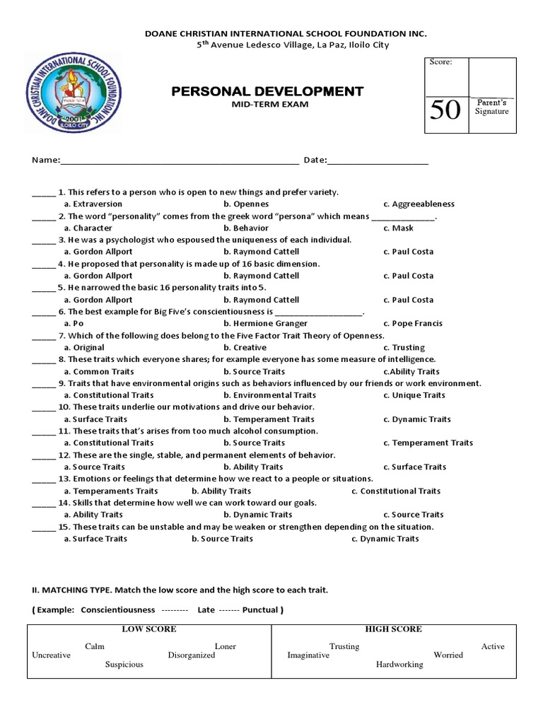 Grade 12 Personal Development Exam | PDF | Psychological Theories ...