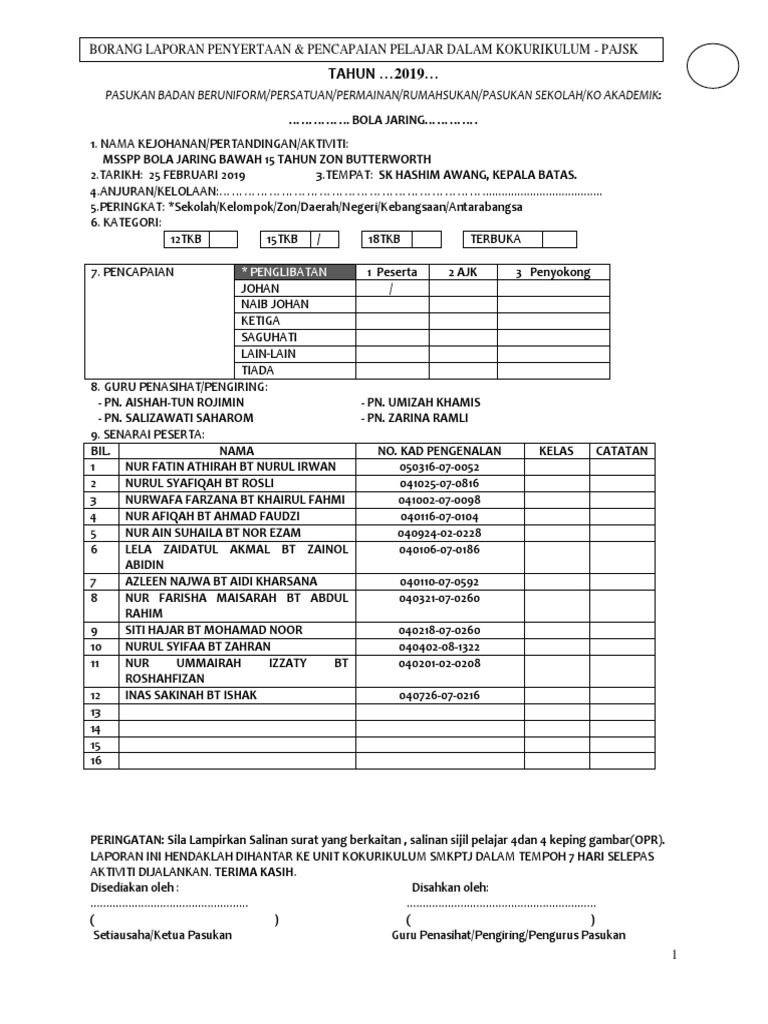 Borang Laporan Aktiviti Kokurikulum SMK PTJ | PDF