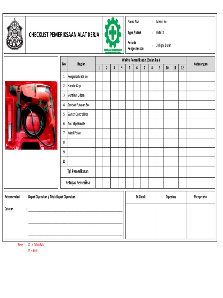 Checklist Pemeriksaan Mesin Bor Hilti T2 | PDF