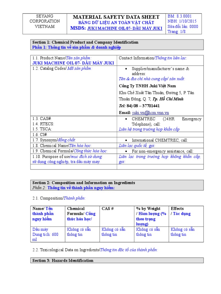 BM 8.3.0001-MSDS-JUKI MACHINE OIL 07 - Dau May JUKI | PDF
