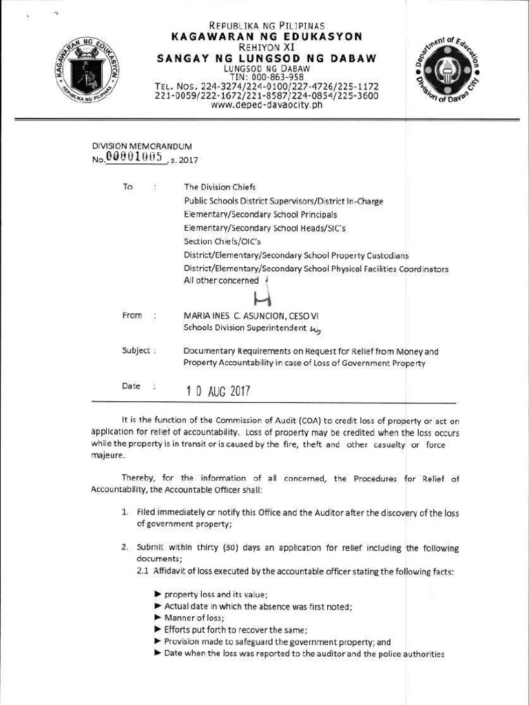 2017-DM No. 1005 - DOCUMENTARY REQUIREMENTS ON REQUEST FOR RELIEF FROM MONEY AND PROPERTY ...