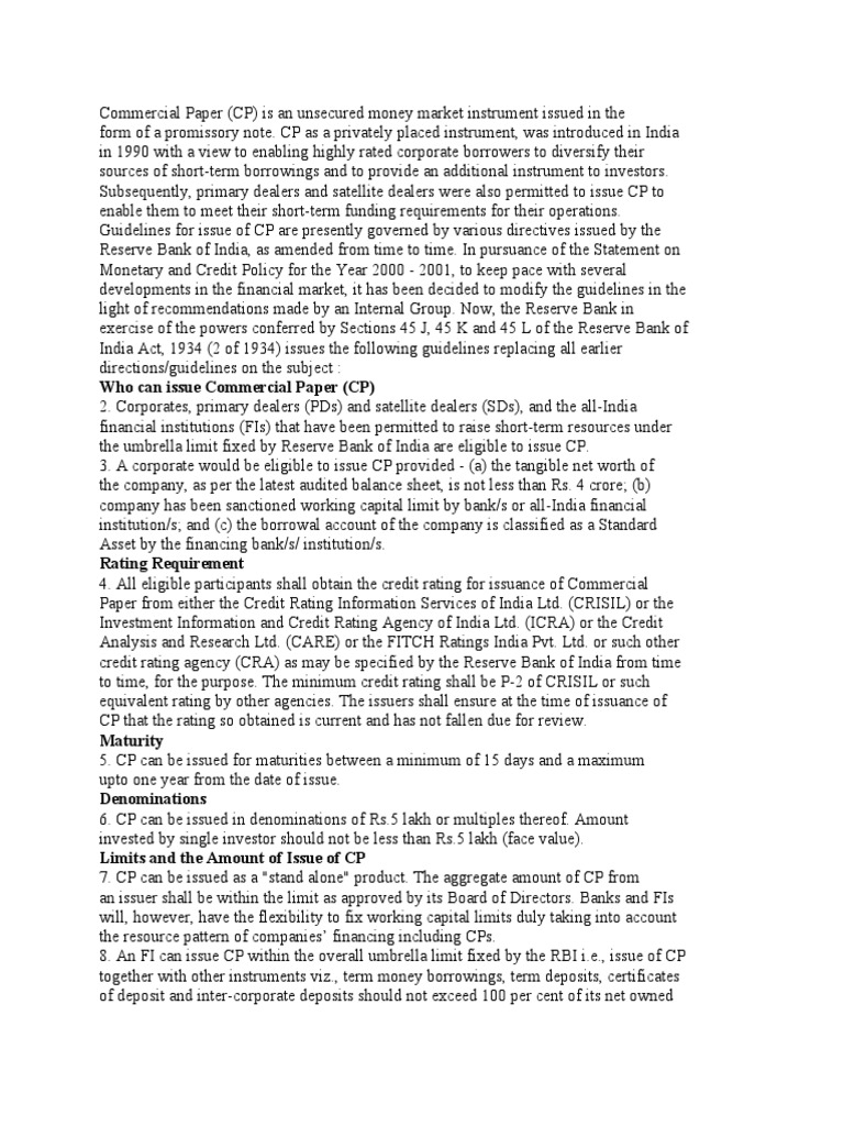 Guidelines for Issuing Commercial Paper in India | PDF | Reserve Bank ...