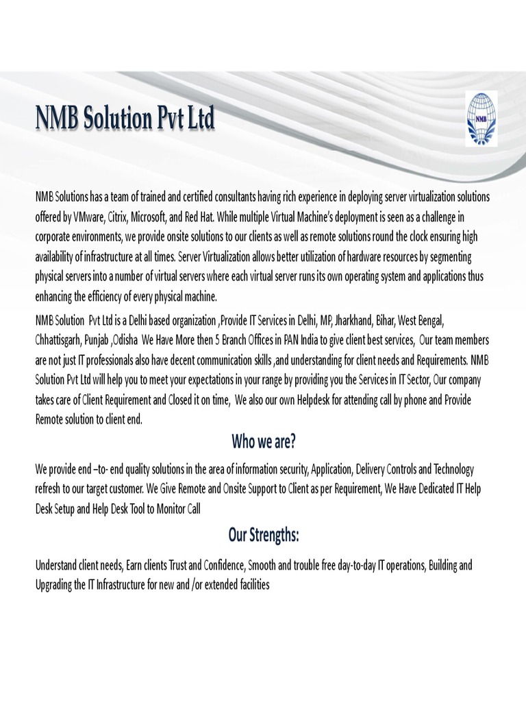 Company Profile - NMB Solution | PDF | Virtual Machine | Server (Computing)