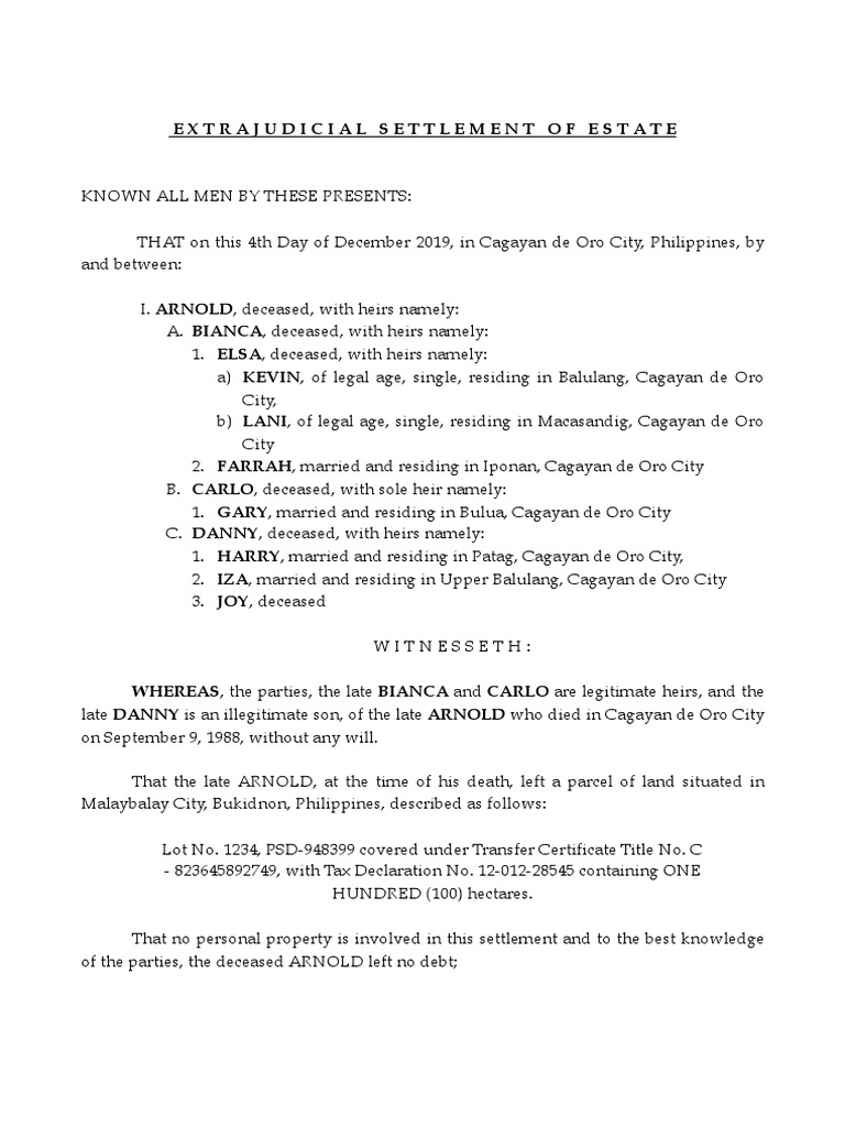 Extrajudicial Settlement Sample | PDF | Civil Law (Legal System) | Law ...