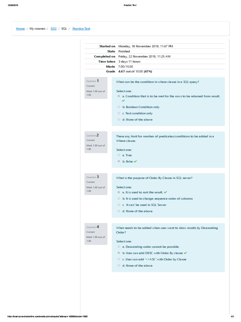Practice Test - SQL | PDF | Databases | Software Engineering