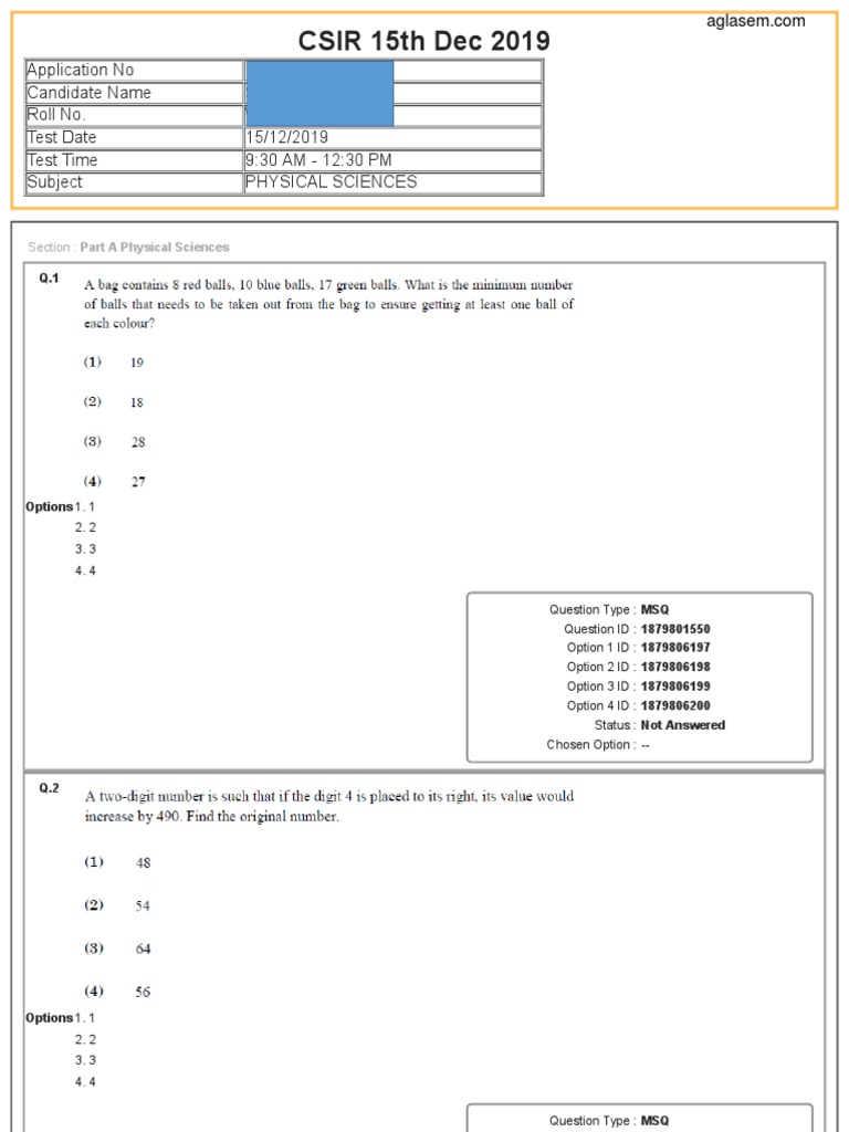 CSIR NET 2019 Physical Sciences Paper | PDF