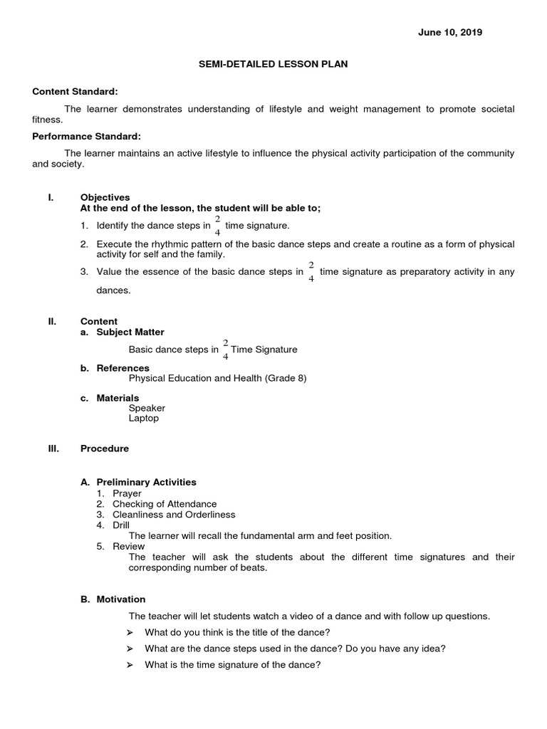 LESSON PLAN-DEPED Semi Detailed | PDF | Dances | Lesson Plan