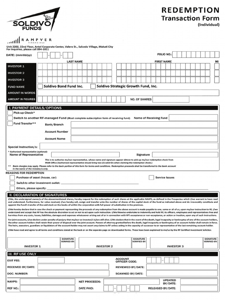 Soldivo Funds Redemption Form | PDF