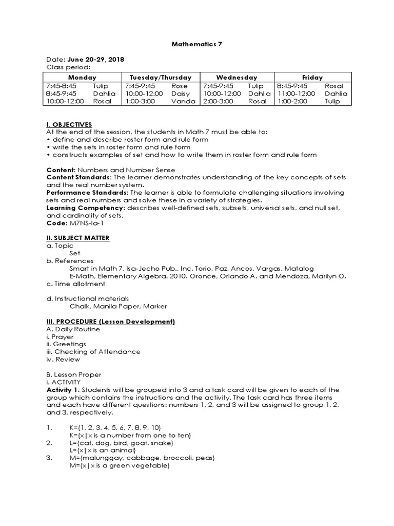 2 SET - ROSTER AND RULE METHOD Semi-Detailed Lesson Plan | PDF | Lesson ...