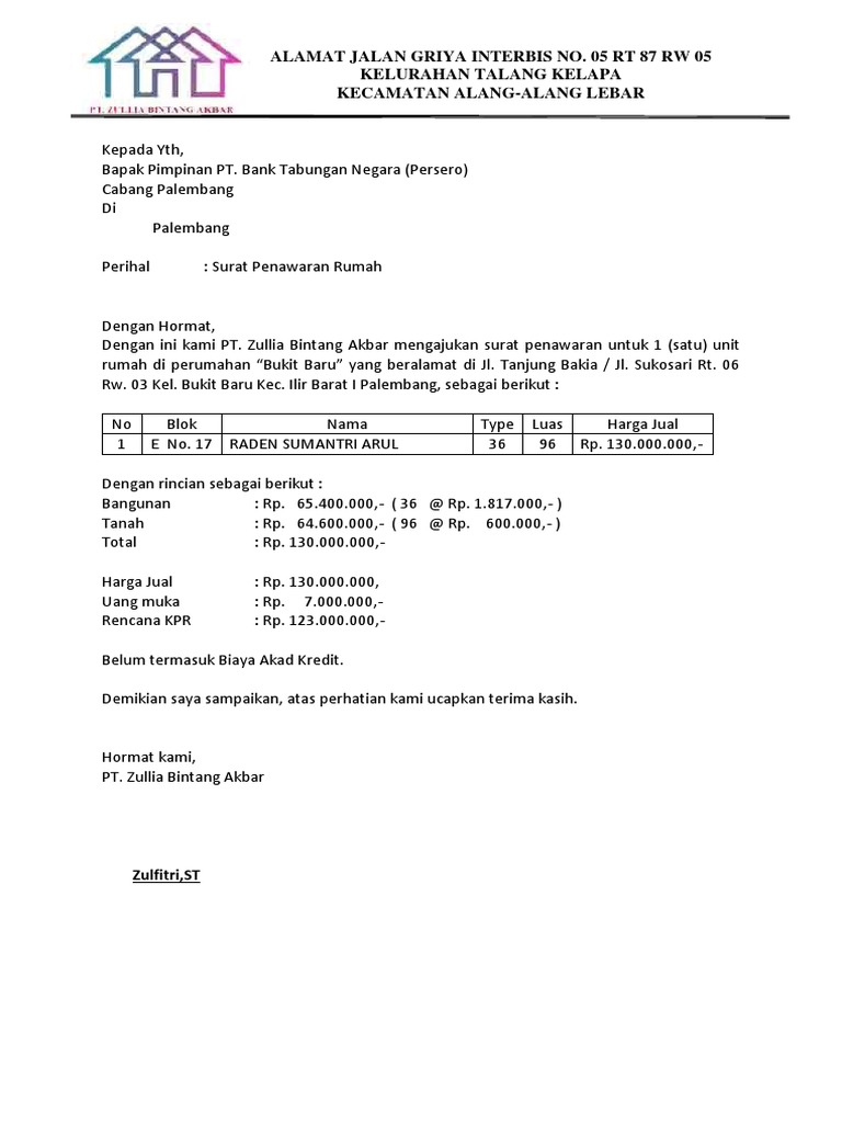 Surat Penawaran Harga Rumah KPR | PDF