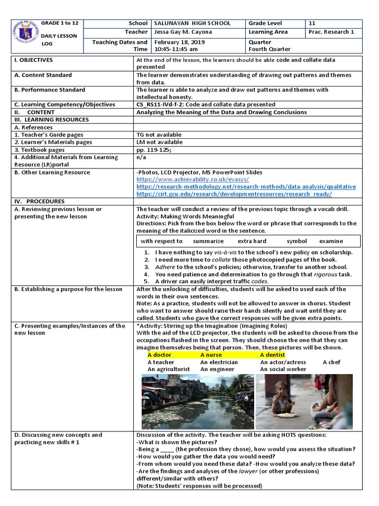 Practical Research 1 - Daily Lesson Log | PDF | Data Analysis | Teachers