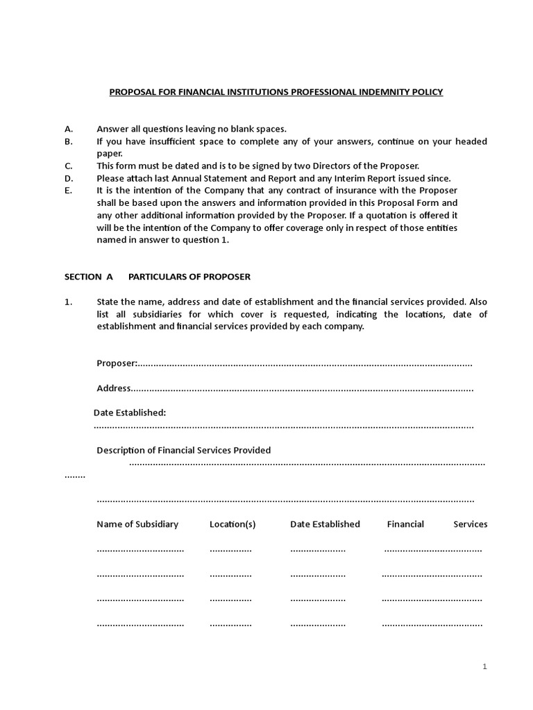 Financial Institution PI - Proposal Form | PDF | Professional Liability ...