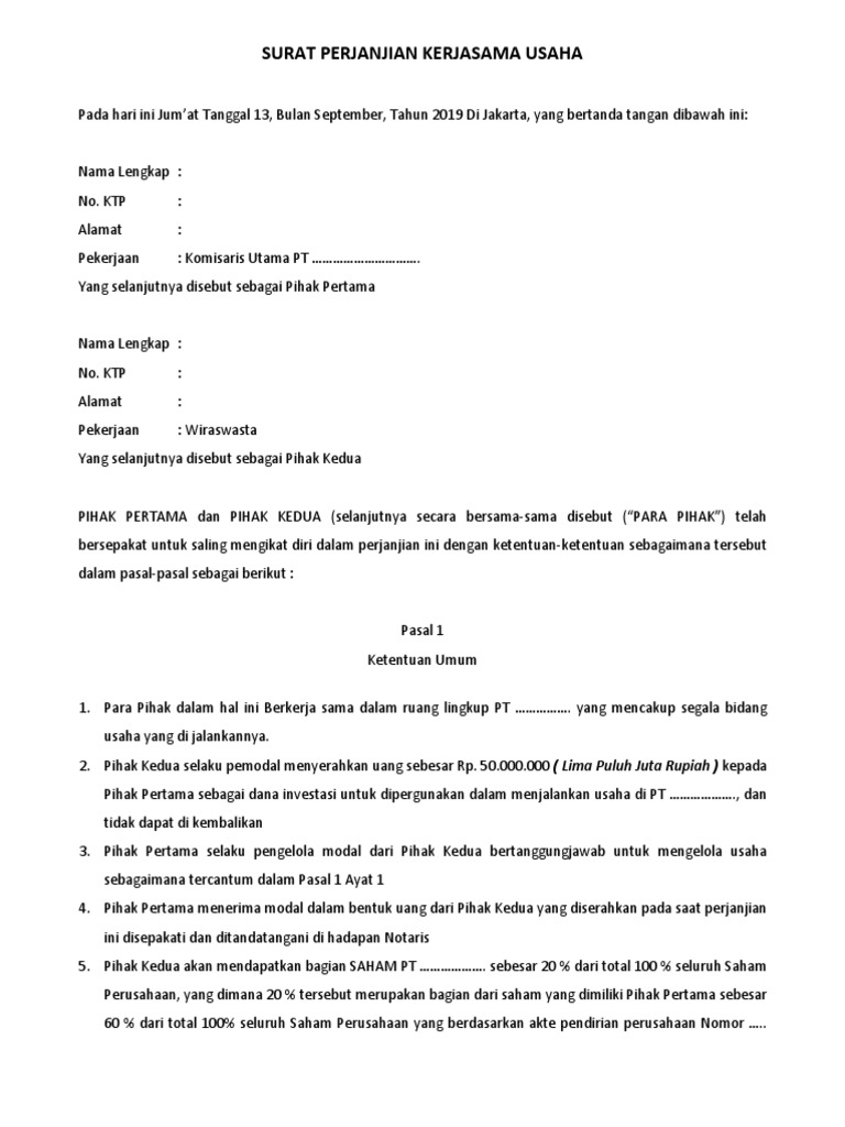 Surat Perjanjian Pemegang Saham | PDF