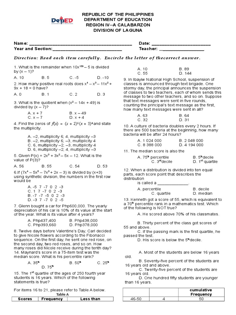 Diagnostic Test Grade 10 | PDF | Percentile | Angle
