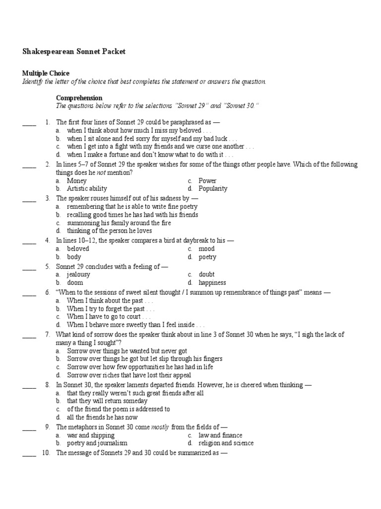Shakespearean Sonnet Packet English 9 Lesson | PDF | Poetry | Sonnets