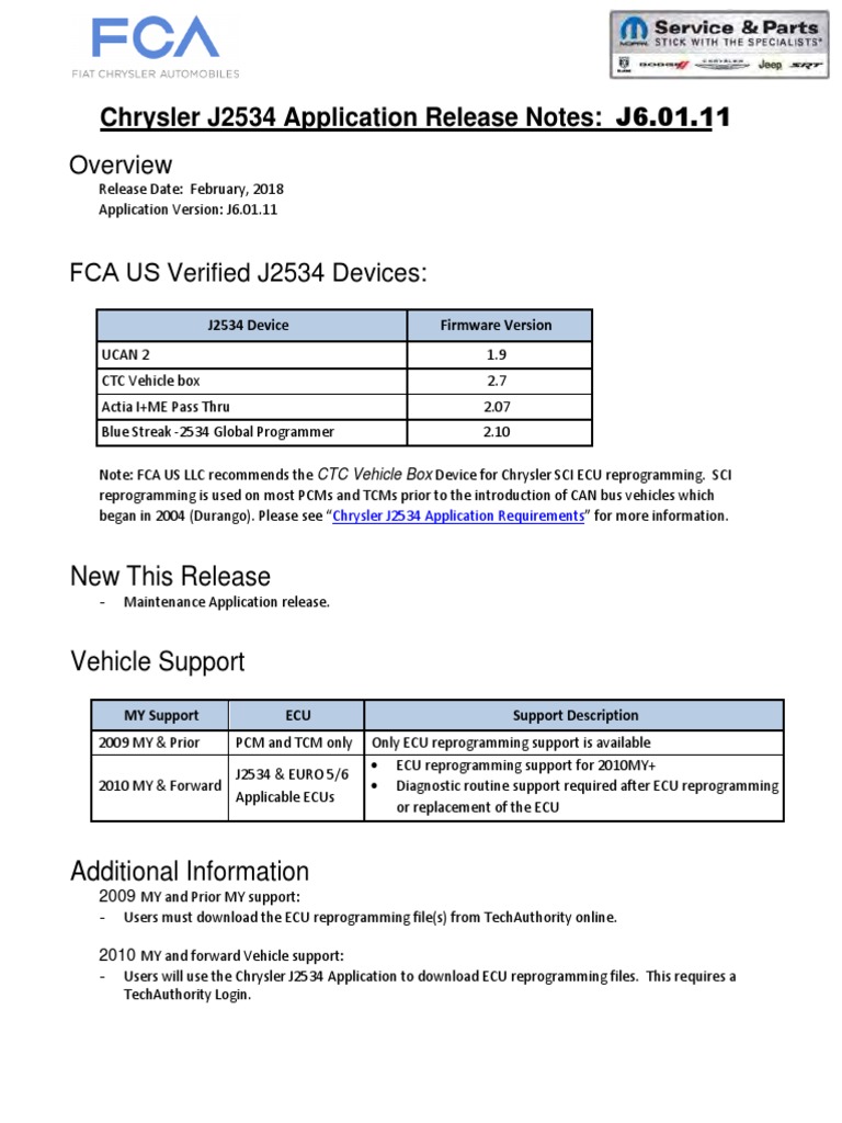 Chrysler J2534 Application Release Notes - J6.01.11 | PDF
