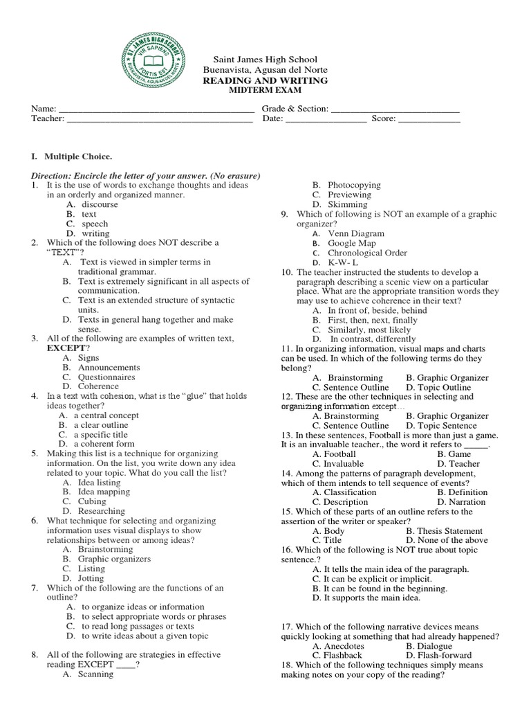 Reading and Writing First Exam | PDF | Sentence (Linguistics) | Paragraph