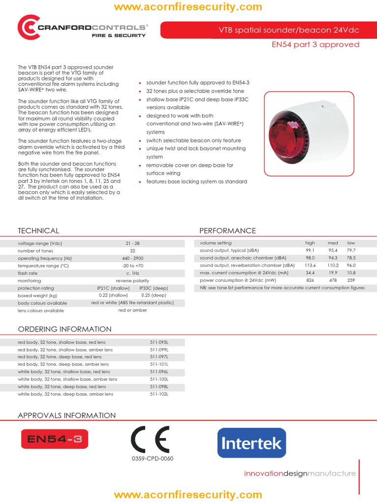 VTB Spatial Sounder Beacon 24Vdc 32 Tone EN54-3 PDS PDF | PDF ...