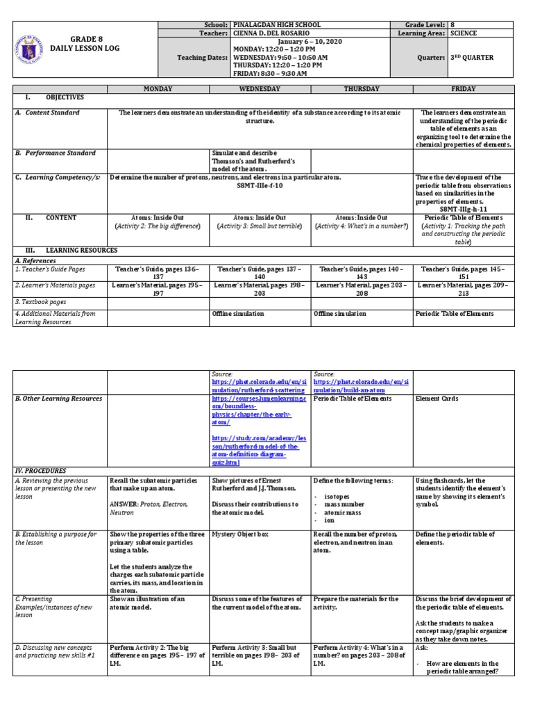 Grade 8 DLL Week 9 For Science | PDF | Atoms | Chemical Elements