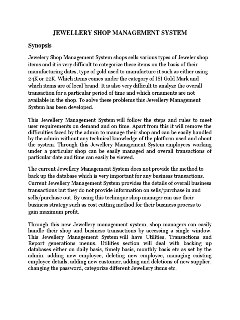 Jewellery Shop Management System | PDF
