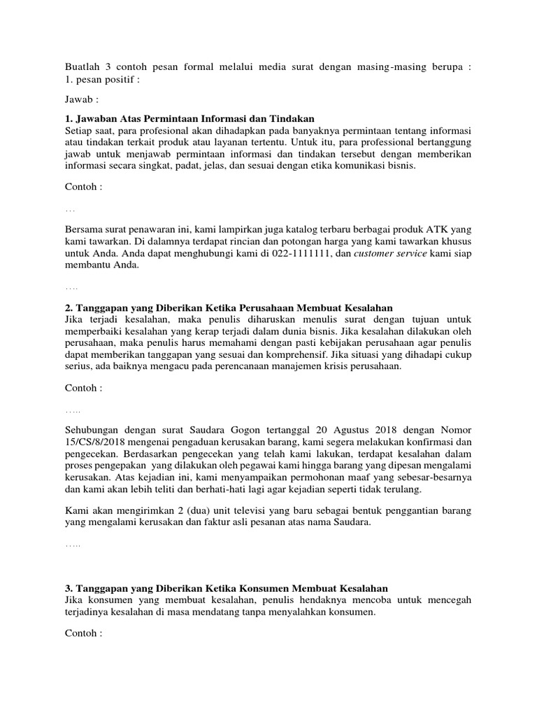 Buatlah 3 Contoh Pesan Formal Melalui Media Surat Dengan Masing | PDF