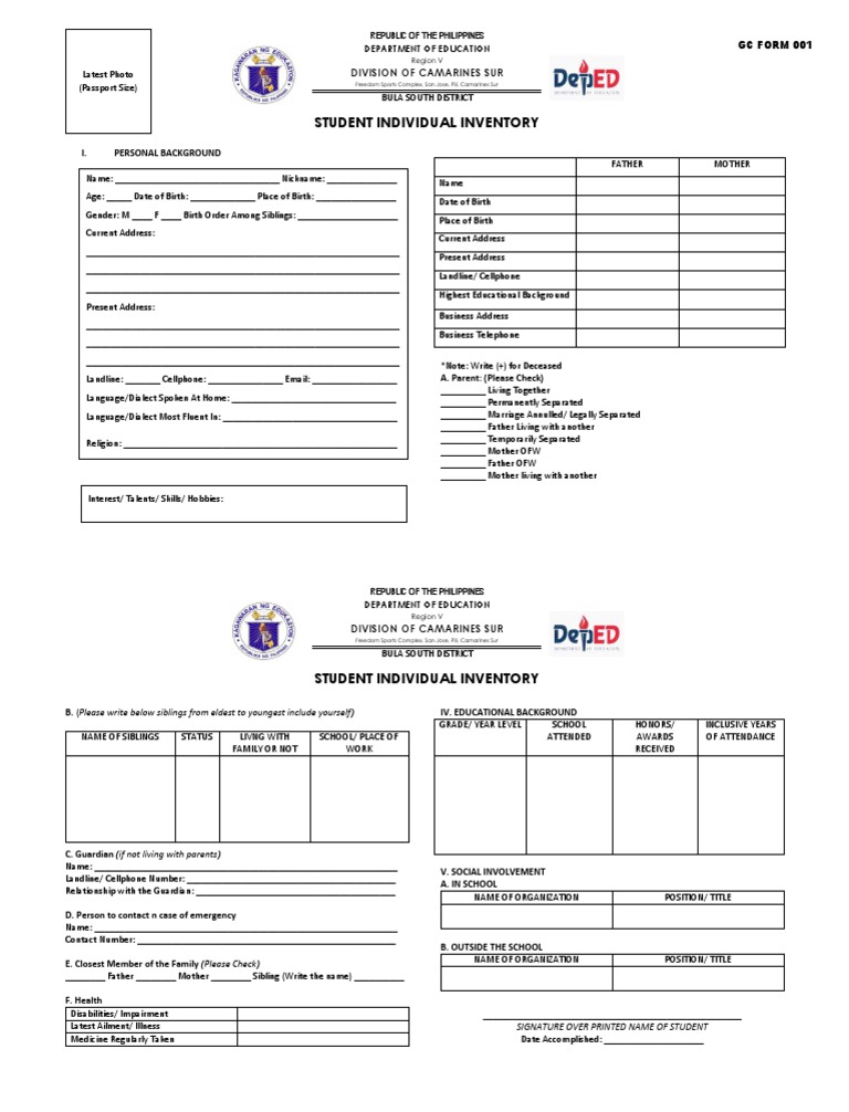 Student Individual Inventory Form | PDF | Social Institutions | Social ...