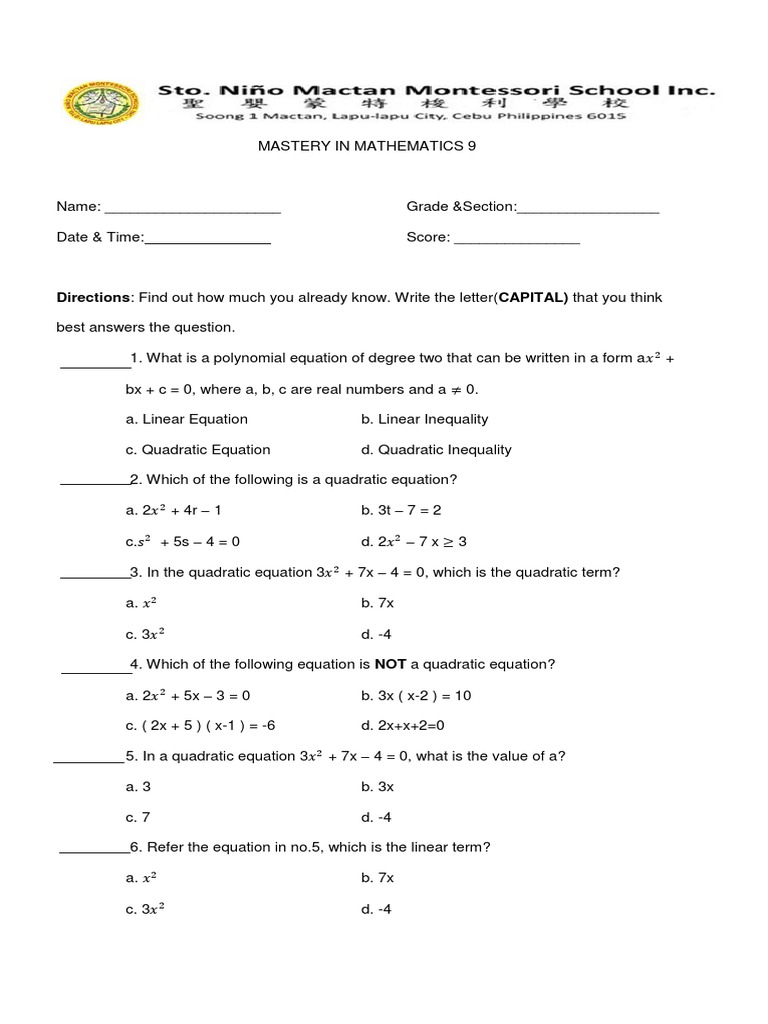 1st MASTERY EXAM IN MATH 9 | PDF | Quadratic Equation | Equations