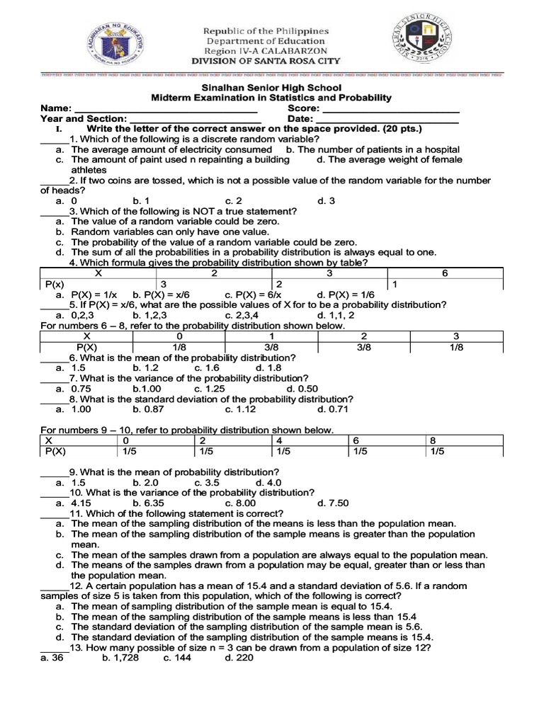 Midterm Exam in Statistics and Probability Grade 11 | PDF | Variance ...