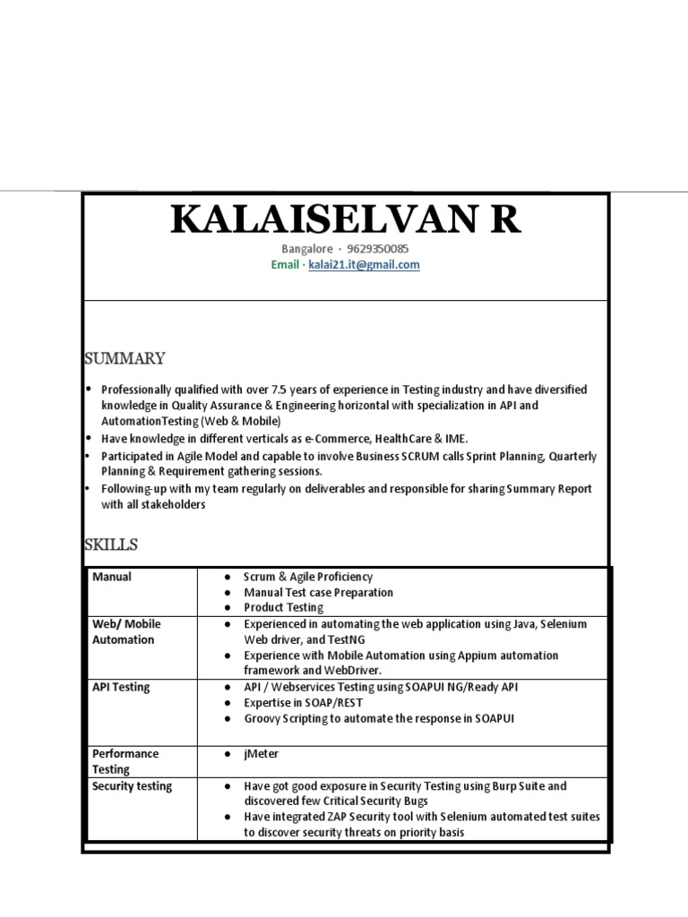 0 Kalaiselvan QA Resume Redbus | PDF | Web Service | Selenium (Software)