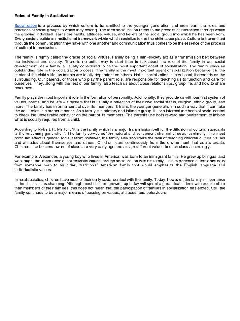 The Family as the Primary Agent of Socialization: Transmitting Culture ...